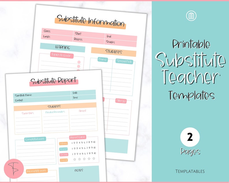 Substitute Teacher Note Printable Teacher Planner Template - Etsy