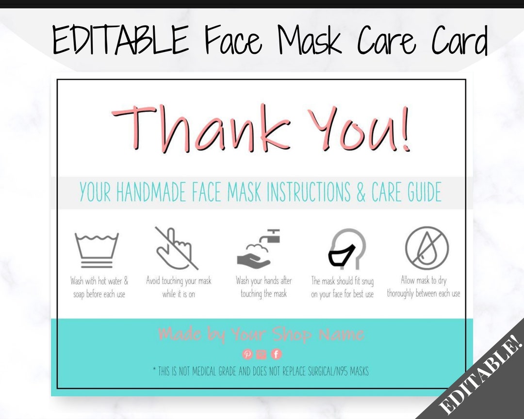 EDITABLE Face Mask Label Care Card, THANK YOU for Your Order Card, Face ...