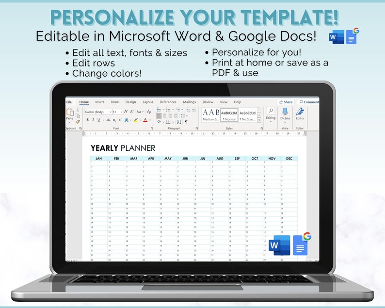 EDITABLE Perpetual Calendar, Undated Year at a Glance, Reusable ...