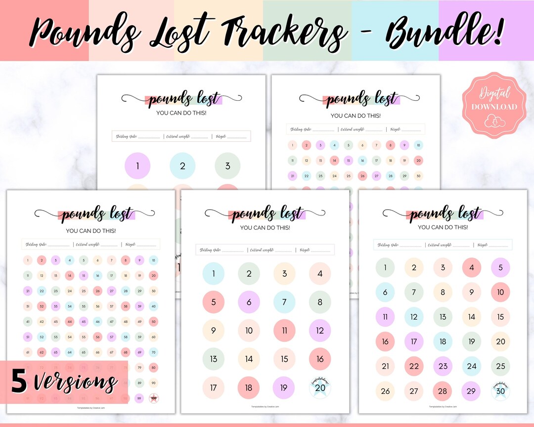 Weight Loss Tracker BUNDLE Pack of 5 Pounds Lost Trackers, 10, 20, 30 ...