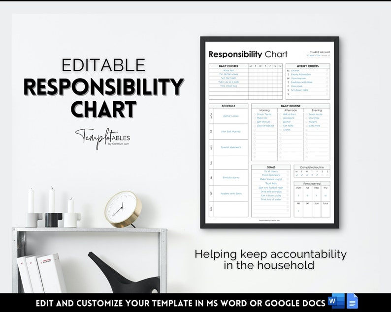 EDITABLE Chore Chart for Kids Responsibility Chart Family - Etsy