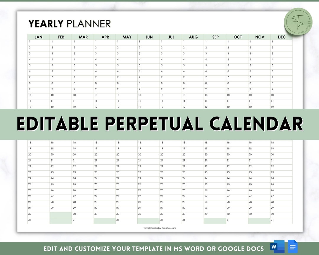 EDITABLE Perpetual Calendar, Undated Year at a Glance, Reusable ...
