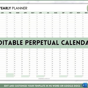 EDITABLE Perpetual Calendar, Undated Year at a Glance, Reusable ...