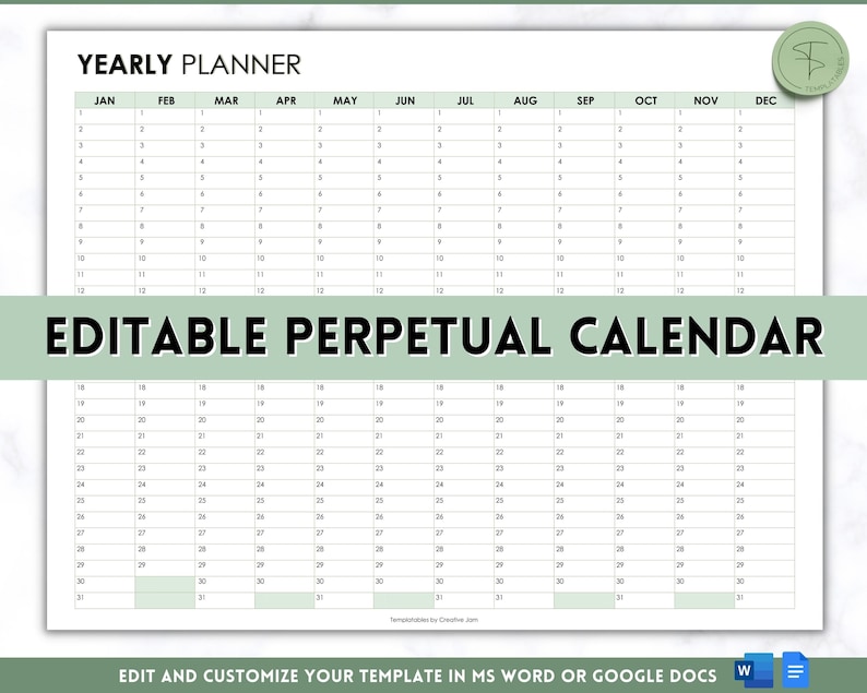 EDITABLE Perpetual Calendar Undated Year at a Glance - Etsy