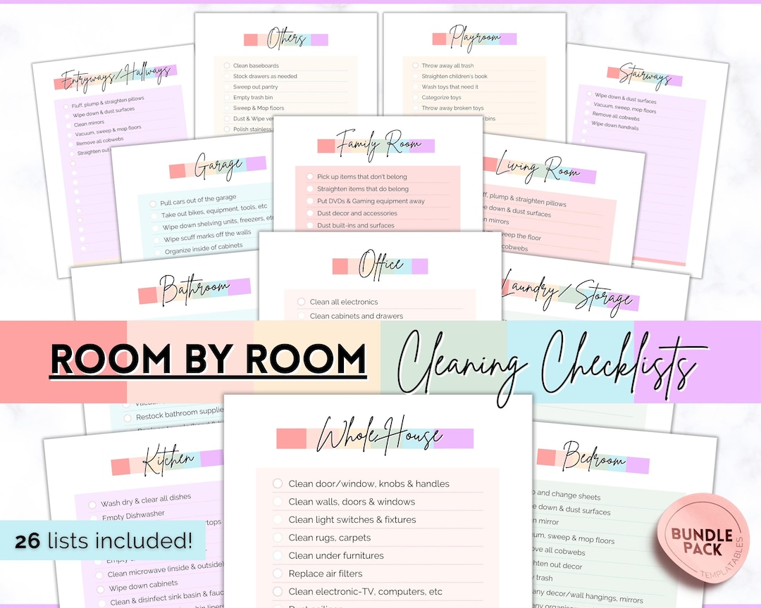 Room by Room Cleaning Cards, Printable Family & Kids Cleaning Checklist ...