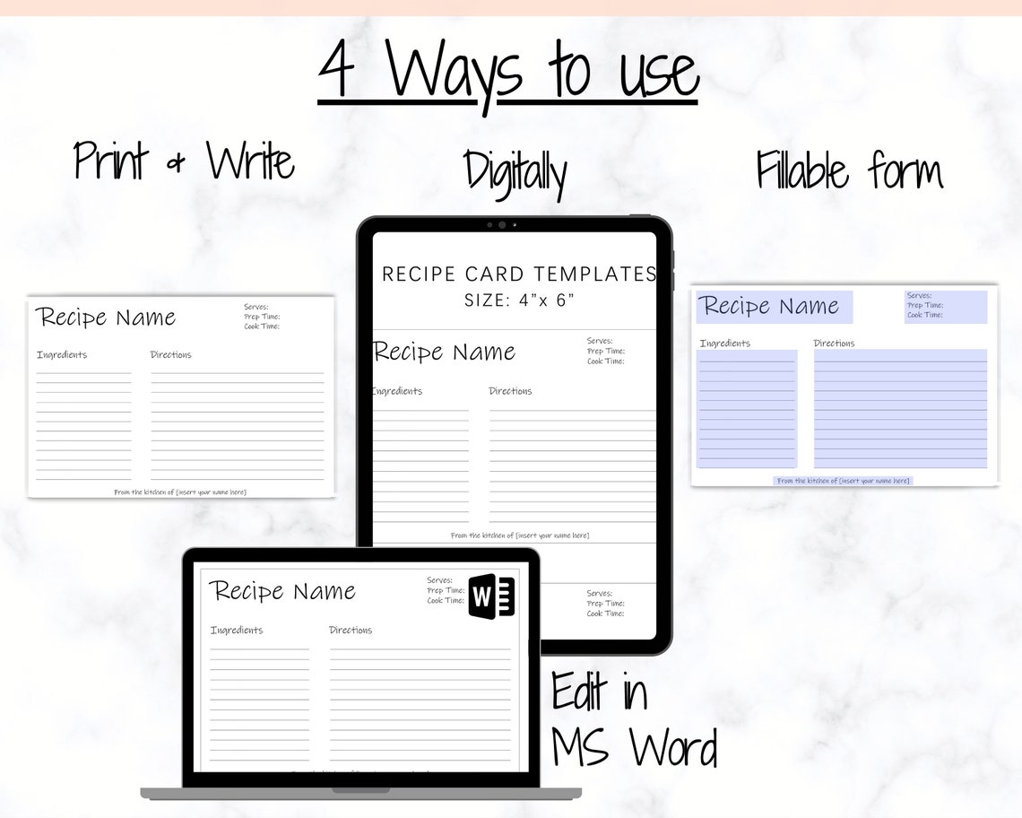 EDITABLE Recipe Card Template Recipe Template Recipe Cards - Etsy