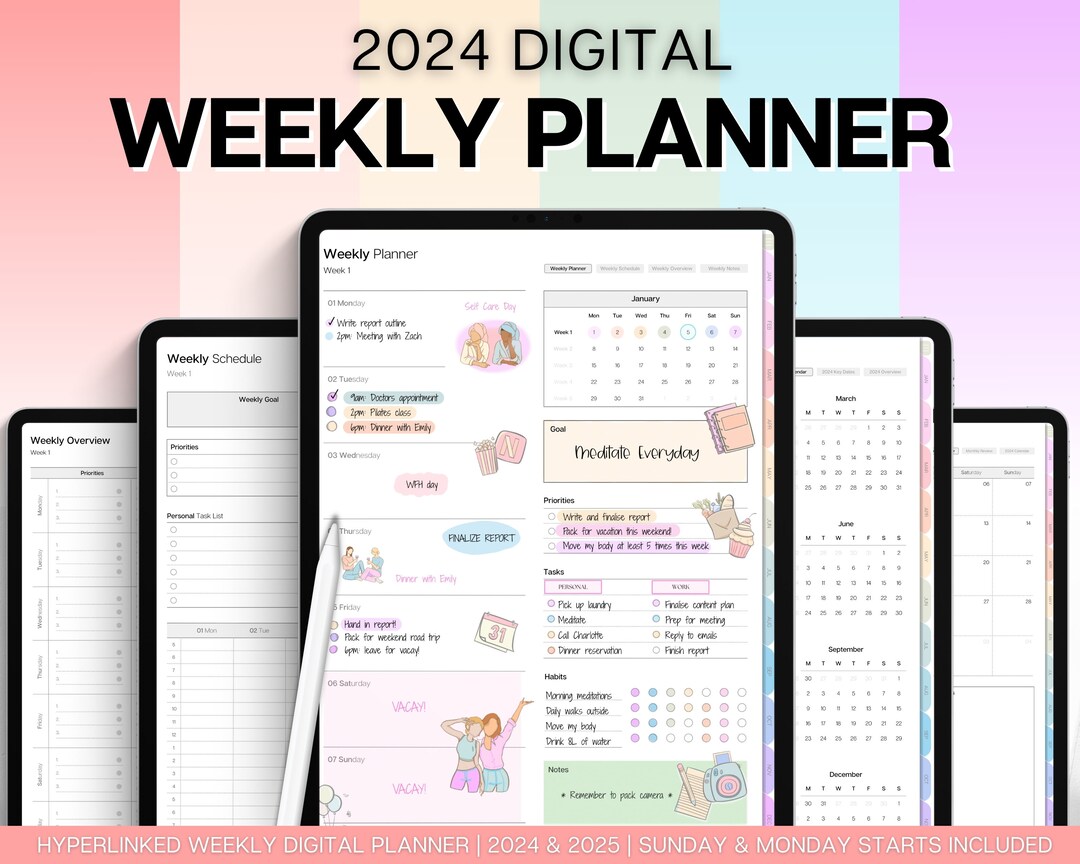 WEEKLY Digital Planner, 2024 Digital Planner, COLORFUL iPad Planner ...