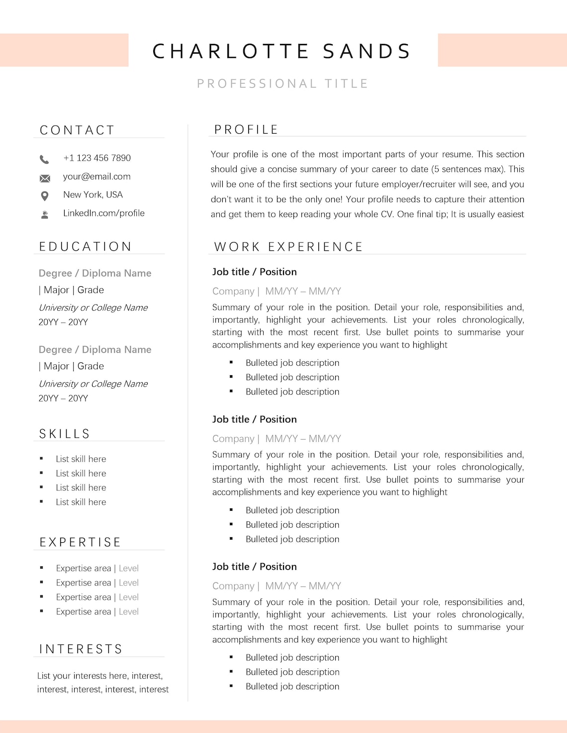 Professional Resume Template Word. CV Template Professional - Etsy UK