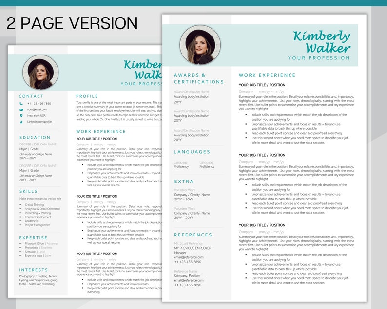 2 Page Resume Template Word. CV Template Professional CV | Etsy