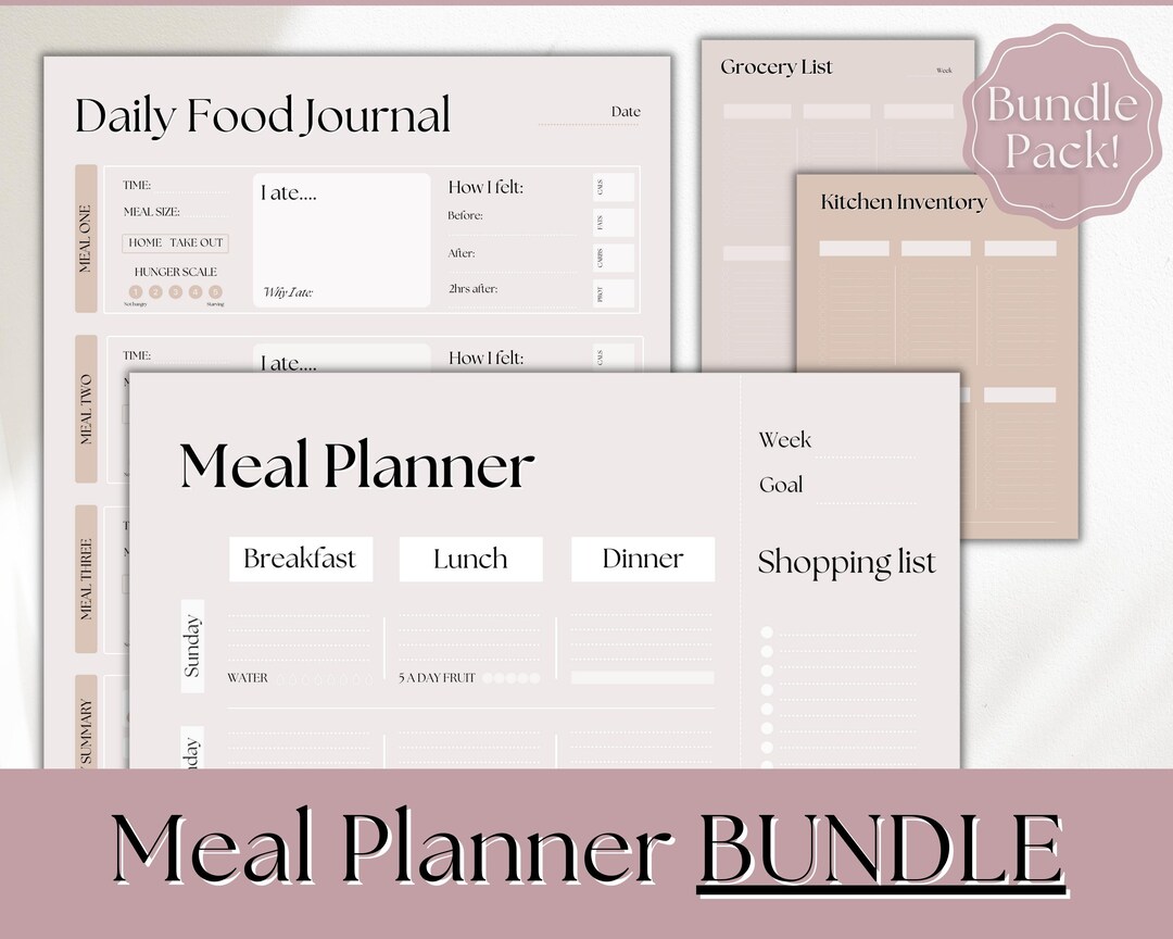 Meal Planner BUNDLE, Boho Weekly Food Diary, Meal Tracker Printable ...