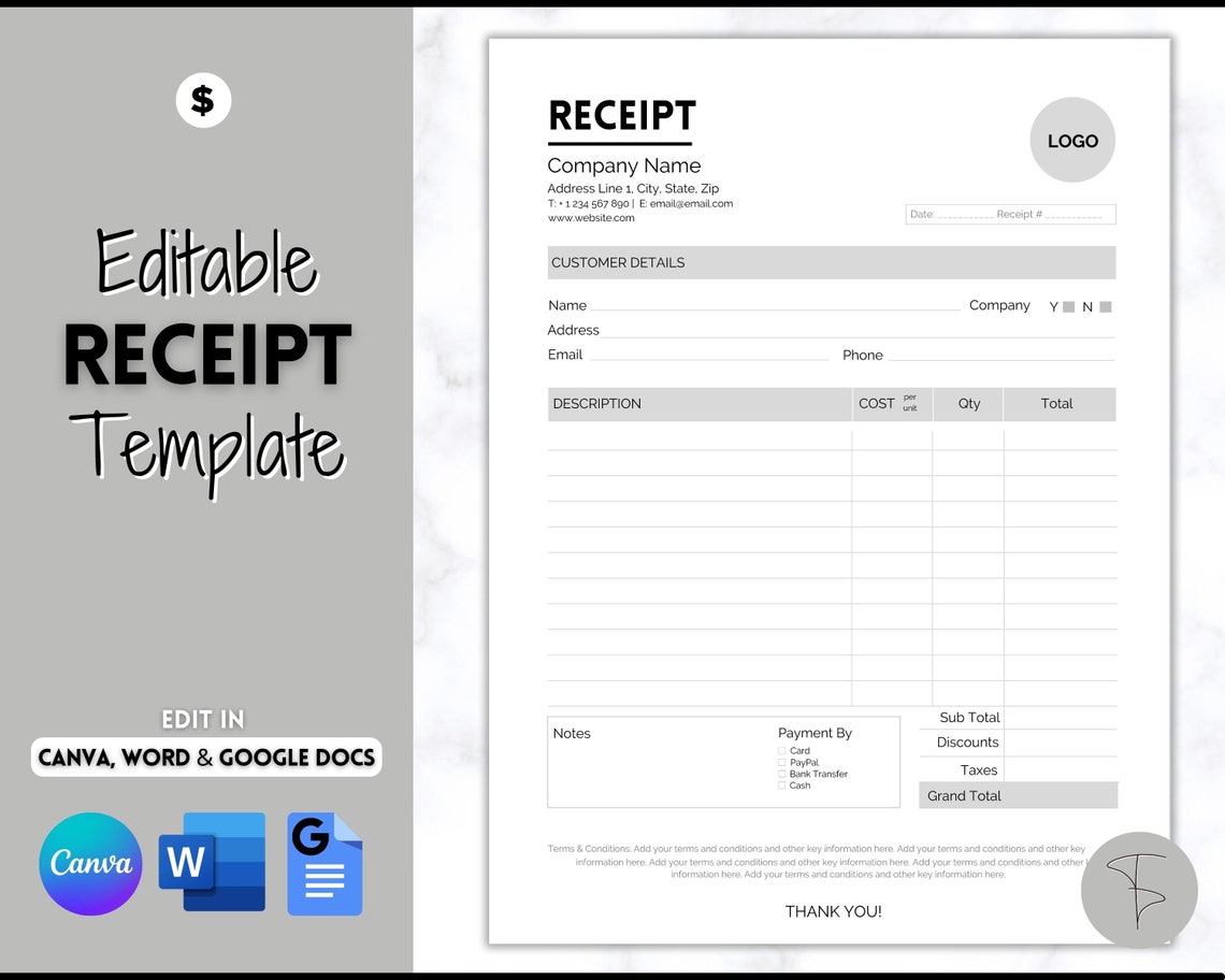 Receipt Template EDITABLE Receipt Form Small Business - Etsy UK