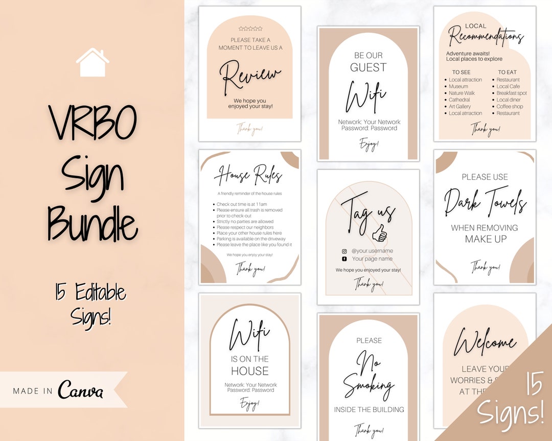 EDITABLE VRBO Vacation Rental Signs Airbnb Template Bundle, Wifi ...
