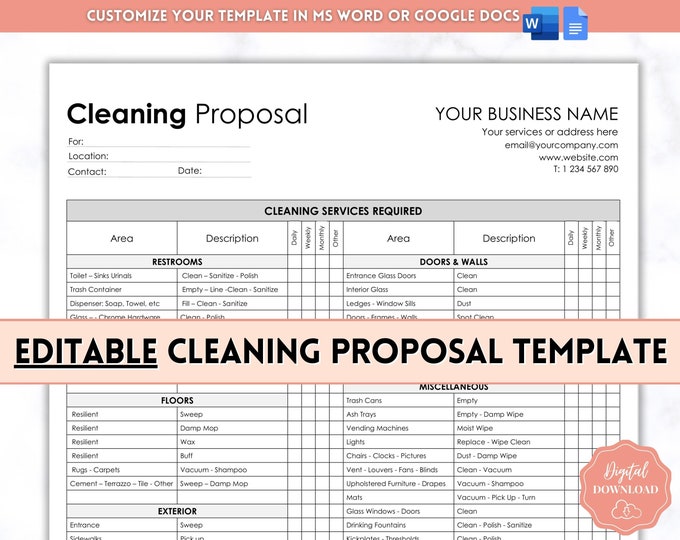Cleaning Estimate Template, WORD & Google Docs Editable Cleaning ...