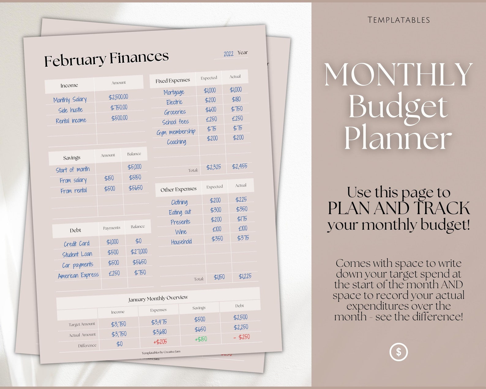 Monthly Budget Planner Printable Financial Tracker Template - Etsy