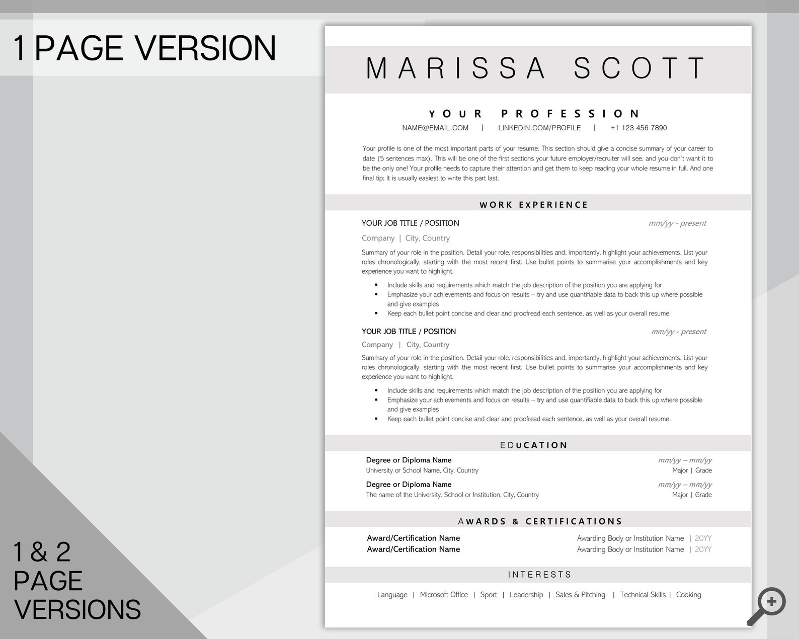 ONE Page Resume Template Word. CV Template Professional Cv - Etsy Canada