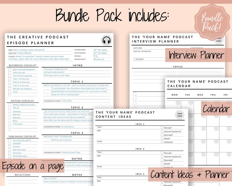 Podcast Planner, Editable BUNDLE Pack. Podcast Template Content ...