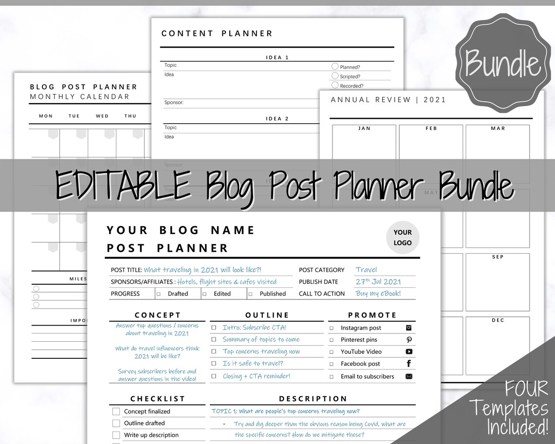 EDITABLE Blog Post Planner Templates! Blogger Bundle! Blog Content ...