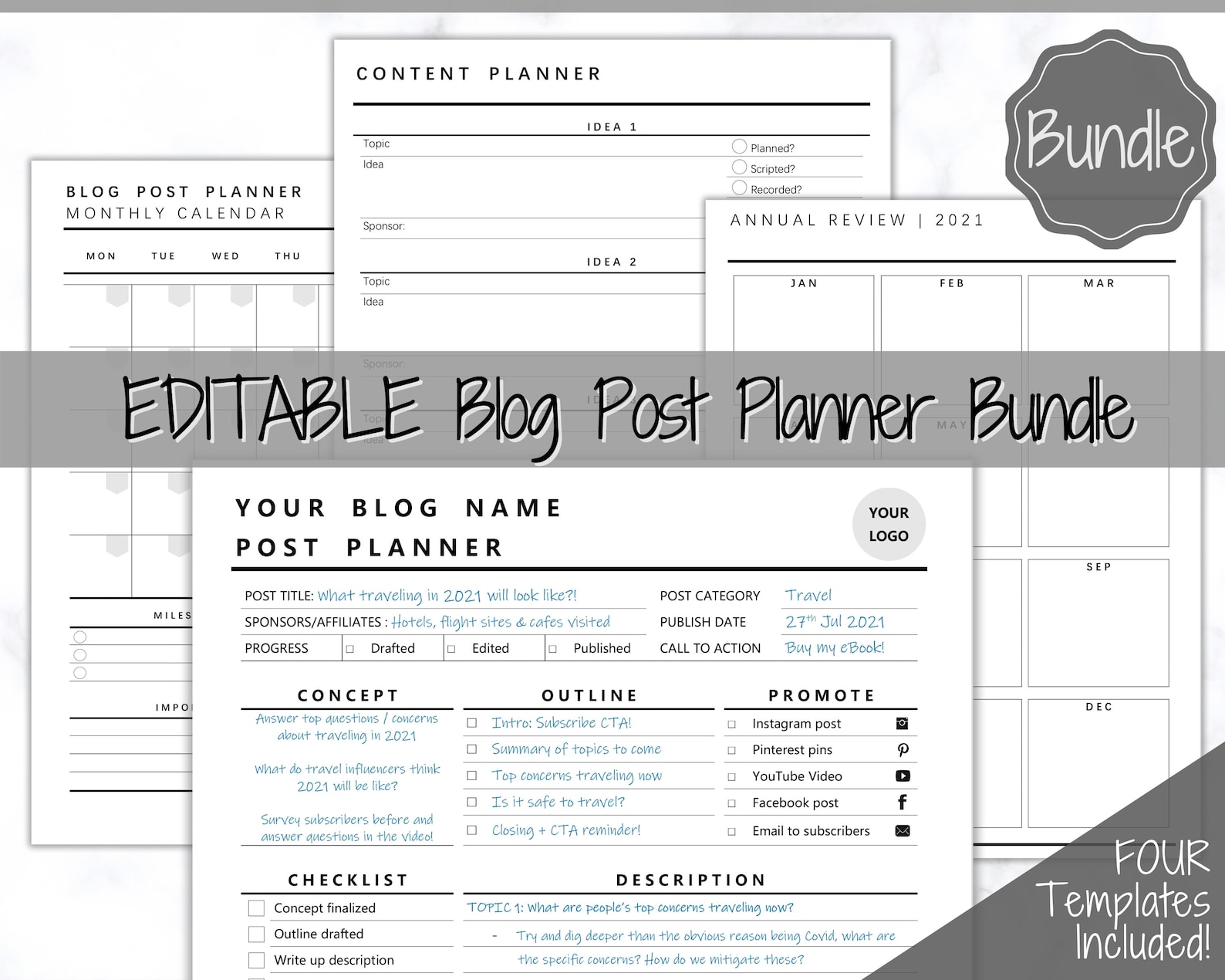 EDITABLE Blog Post Planner Templates Blogger Bundle Blog | Etsy UK
