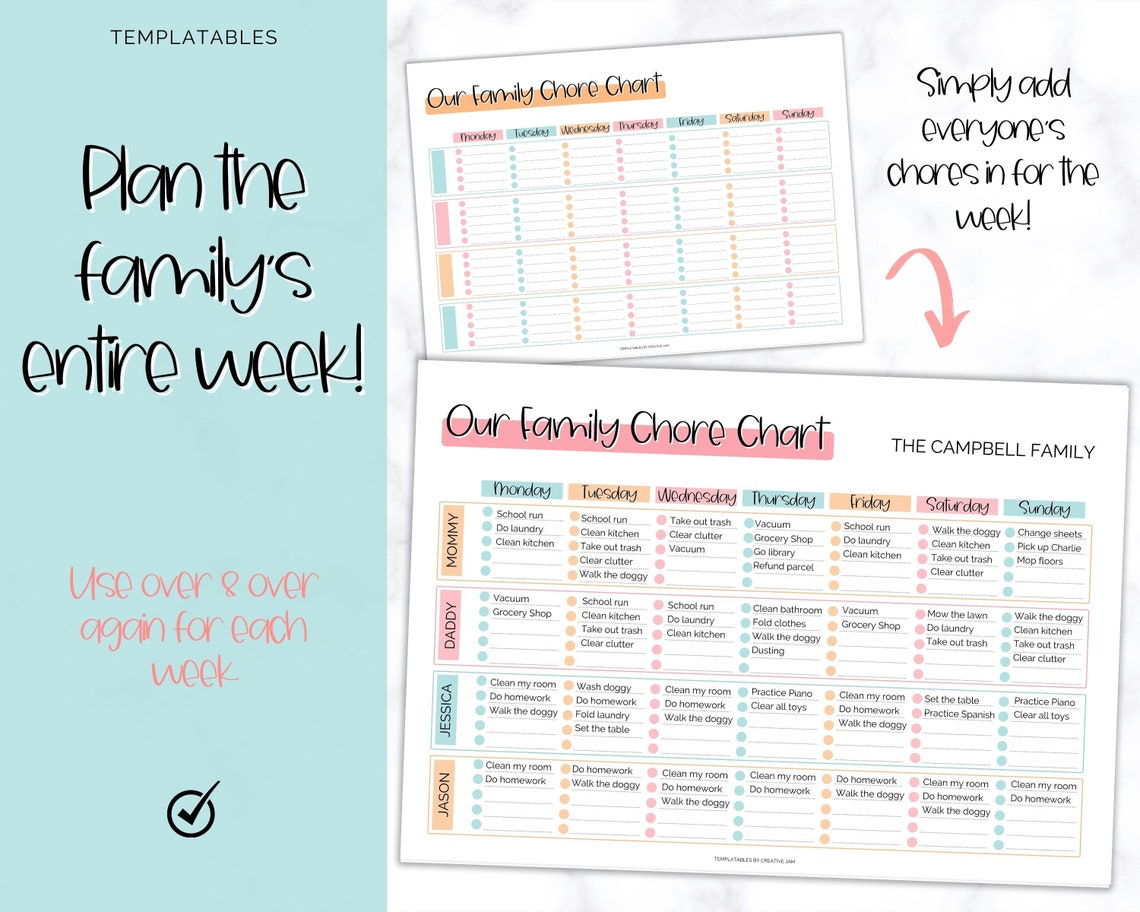 Colorful Family Chore Chart, Editable Family Planner Printable, Weekly ...
