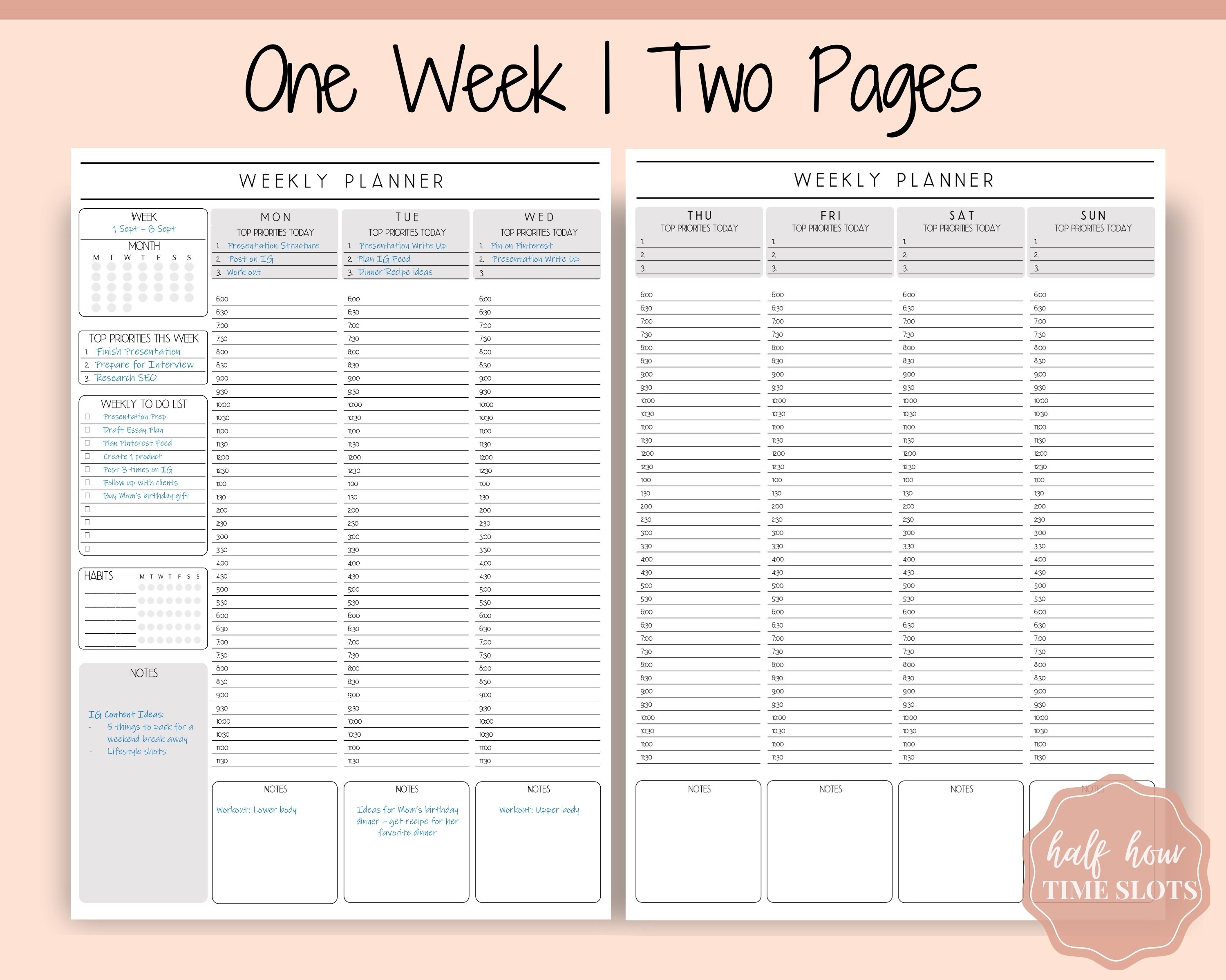 Undated Planner Weekly Planner Printable Week on 2 Pages - Etsy