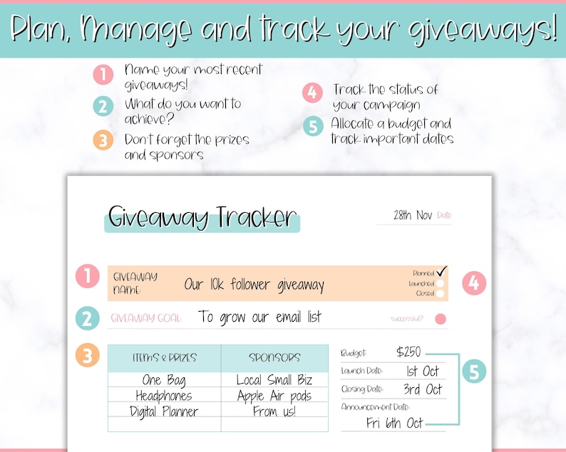 Giveaway Template, Social Media Planner, Printable Giveaway Tracker ...