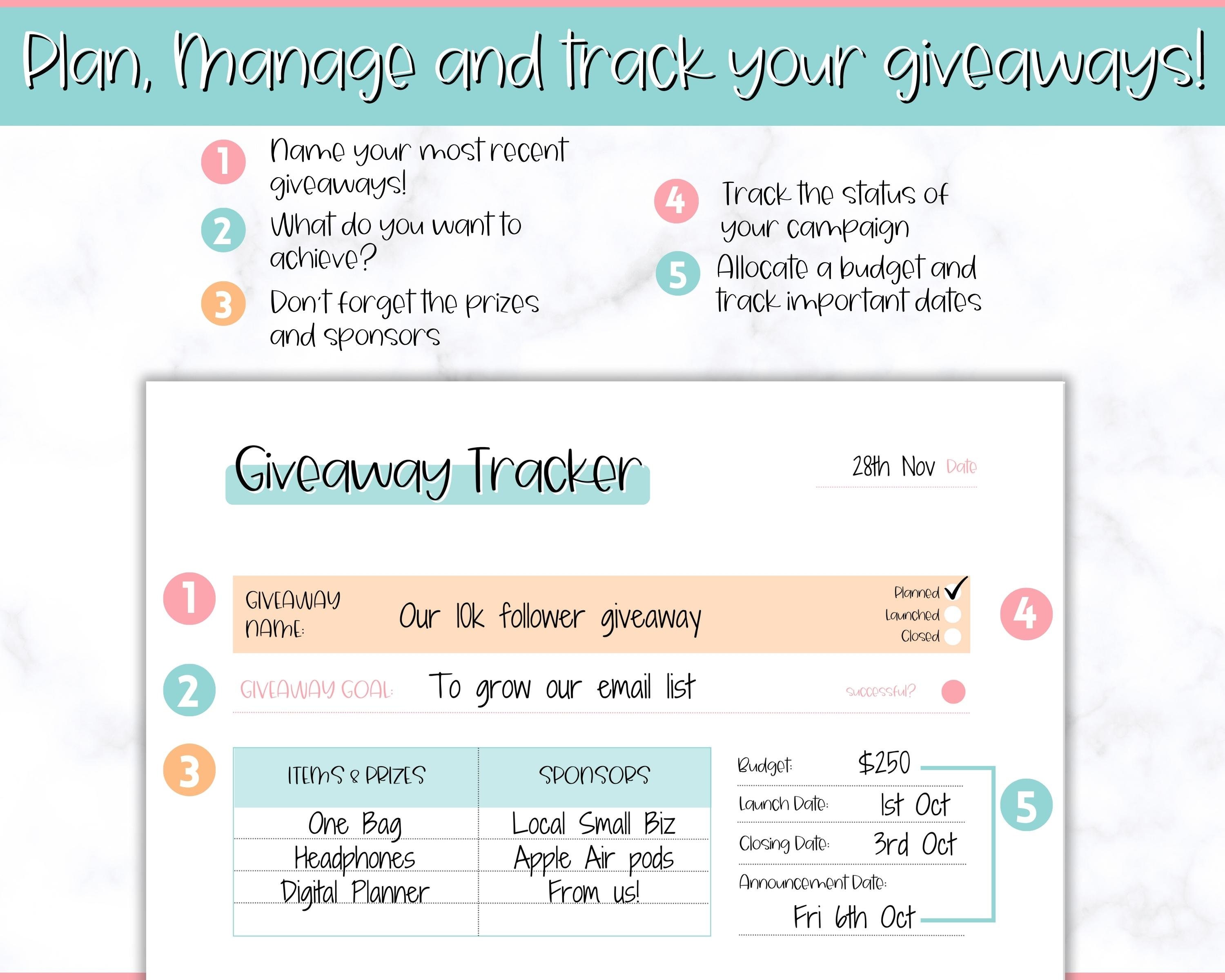 Giveaway Template, Social Media Planner, Printable Giveaway Tracker ...