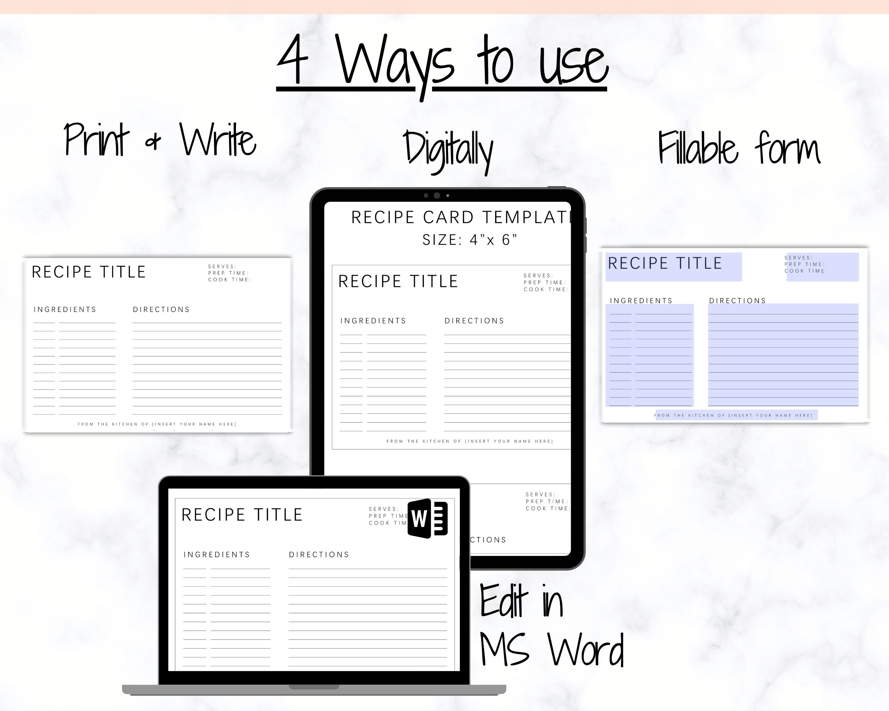 Recipe Card Template, EDITABLE Recipe Template, Recipe Cards Printable ...