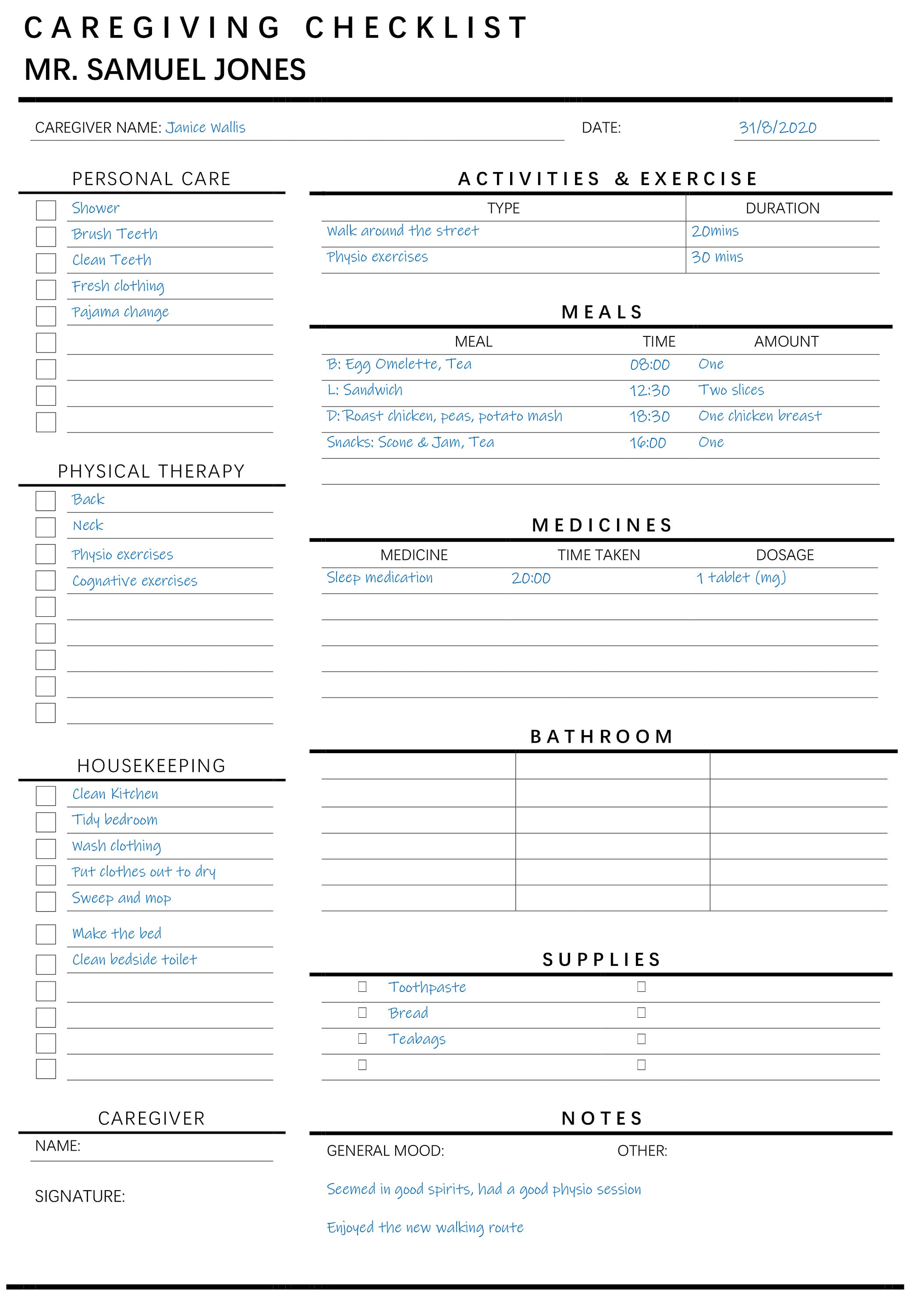 Elderly Care Caregiving Checklist. EDITABLE Printable is Ideal for ...