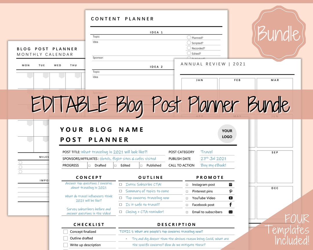 EDITABLE Blog Post Planner Templates! Blogger Bundle! Blog Planner ...