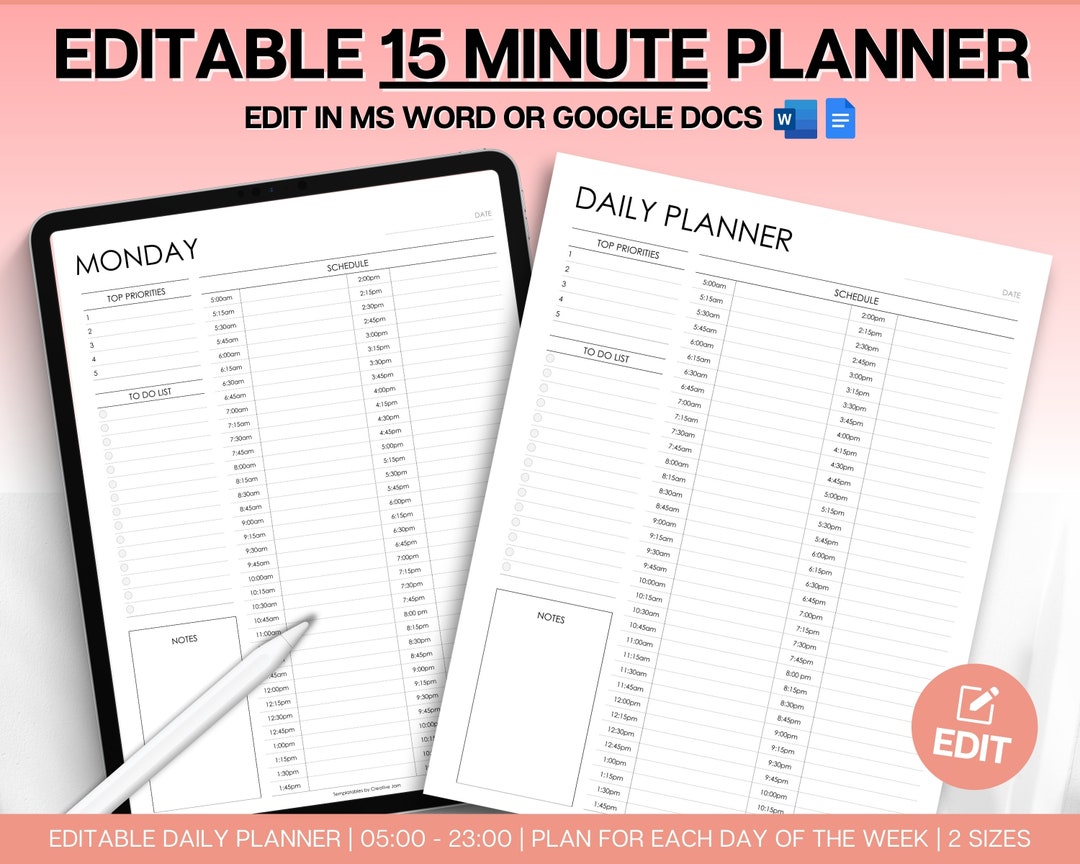 15 Minute Planner, EDITABLE 15 Minutes Daily Planner, 15 Minute Tracker ...