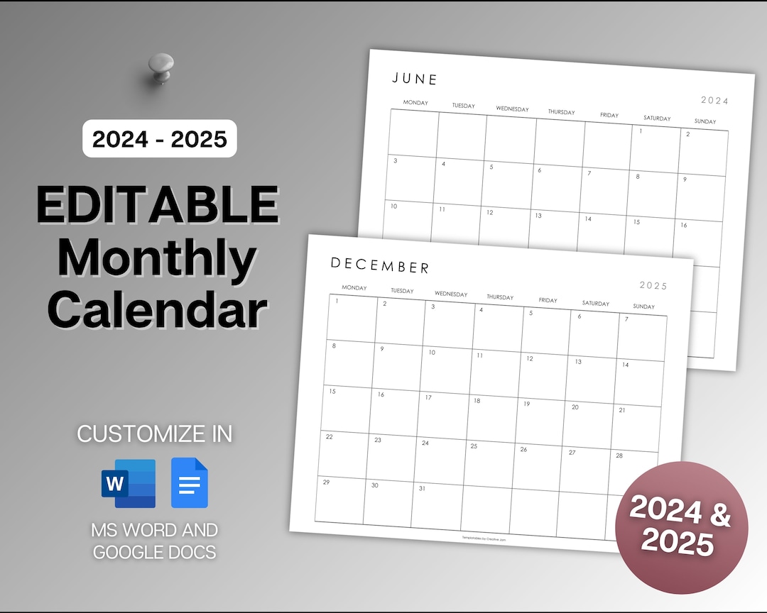 2024 Monthly Calendar, EDITABLE Template | 2024 & 2025 Included ...