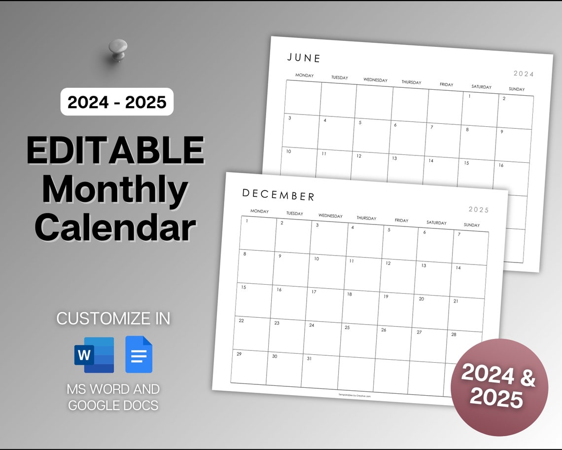 2024 Monthly Calendar, EDITABLE Template | 2024 & 2025 Included ...