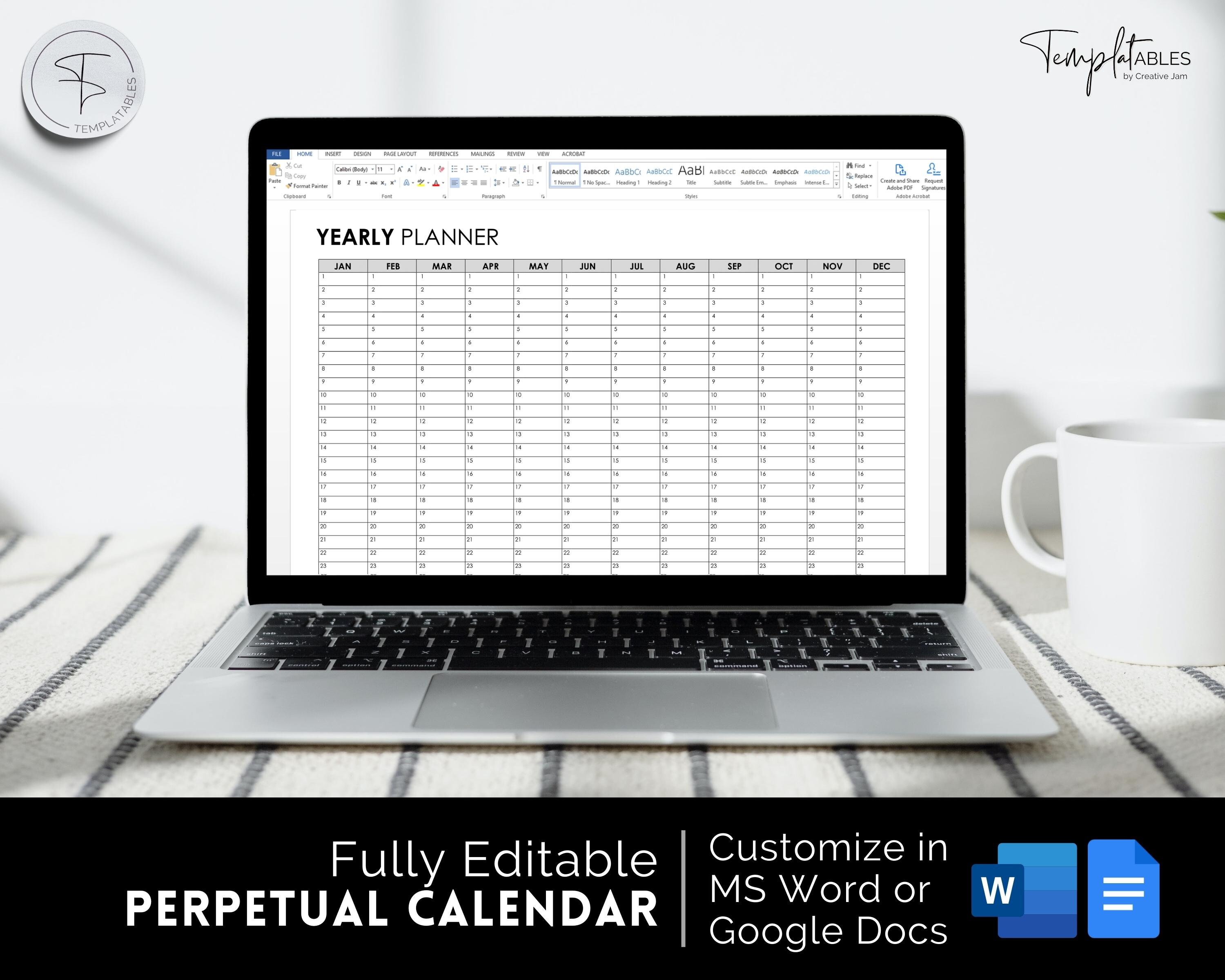 Perpetual Calendar, EDITABLE Yearly Overview, Undated Year at a Glance ...