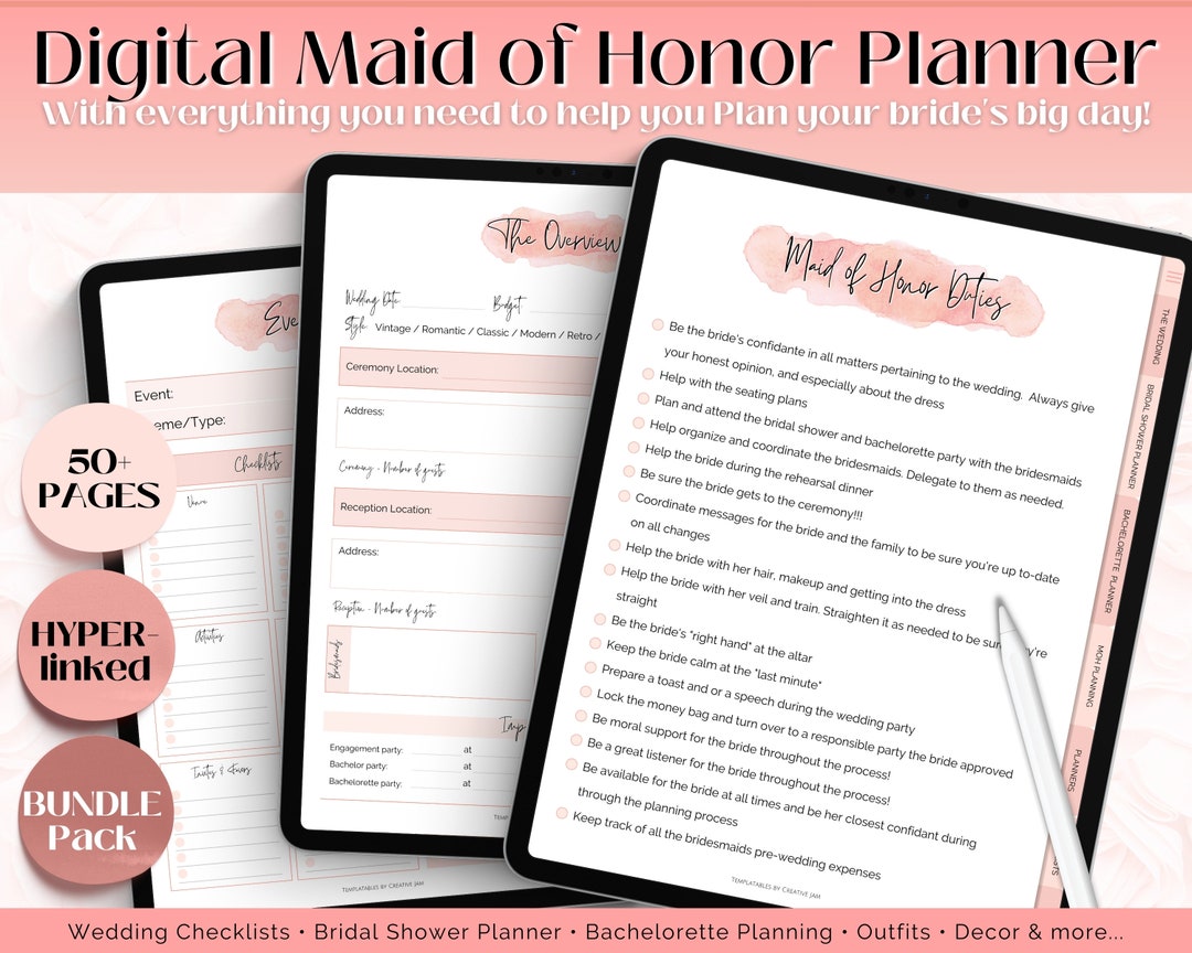 Digital Maid of Honor Planner, Matron of Honor Digital Planner, MOH ...