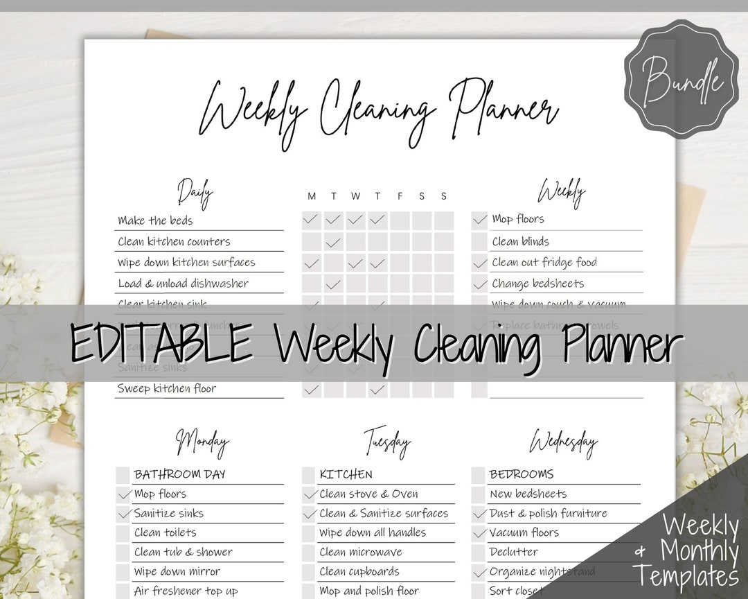 Weekly Cleaning Checklist, EDITABLE Schedule, Cleaning Planner, Weekly ...