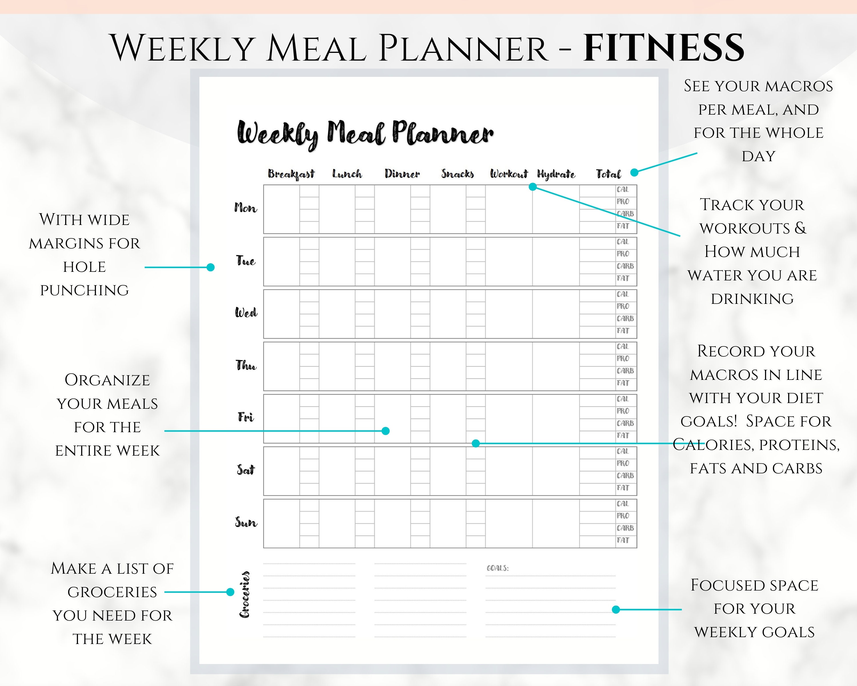 Meal Planner Food Diary Fitness Planner with Grocery List. | Etsy