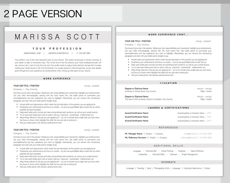 2 Page Resume Template Word. CV Template Professional CV | Etsy