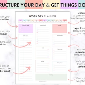 Work Day Organizer, Editable Daily Planner, Work From Home to Do List ...