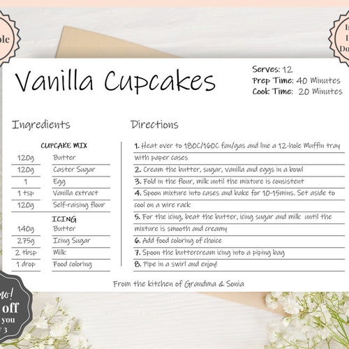 Minimal Recipe Card Template Editable Simple Recipe Card - Etsy