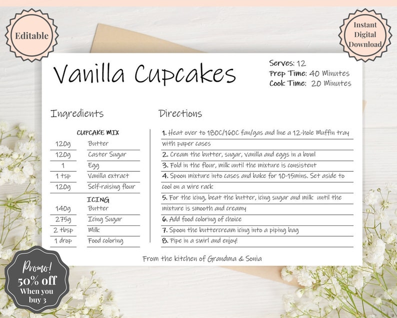 EDITABLE Recipe Card Template Recipe Template Recipe Cards - Etsy