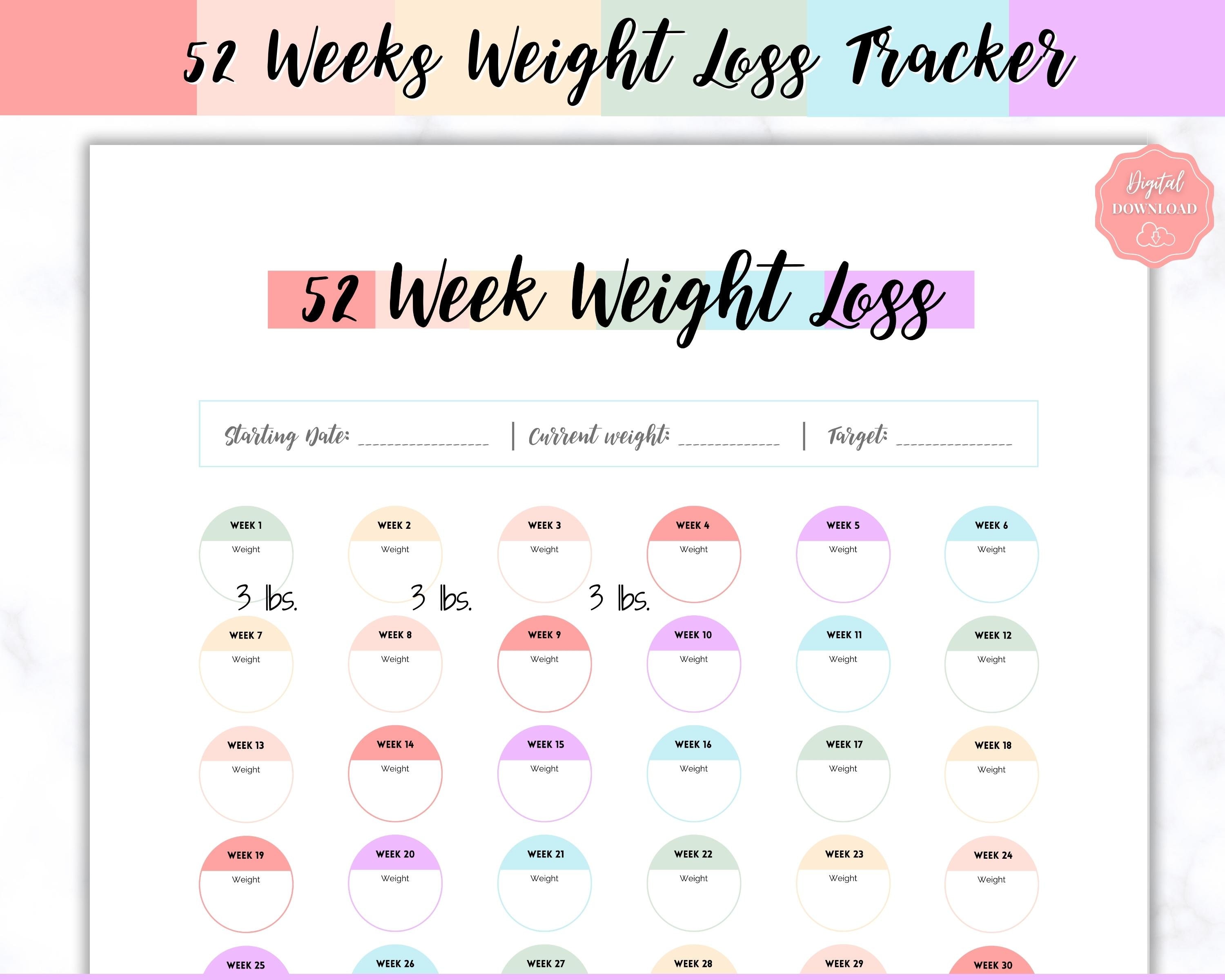 52 Week Weight Loss Tracker, 12 Month Challenge, Weightloss Journal ...