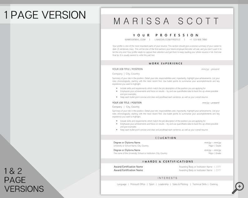 2 Page Resume Template Word. CV Template Professional CV | Etsy