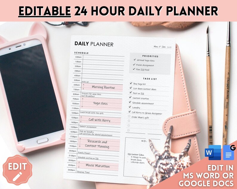 EDITABLE 24 Hour Daily Planner Template, Hourly Planner, to Do List ...
