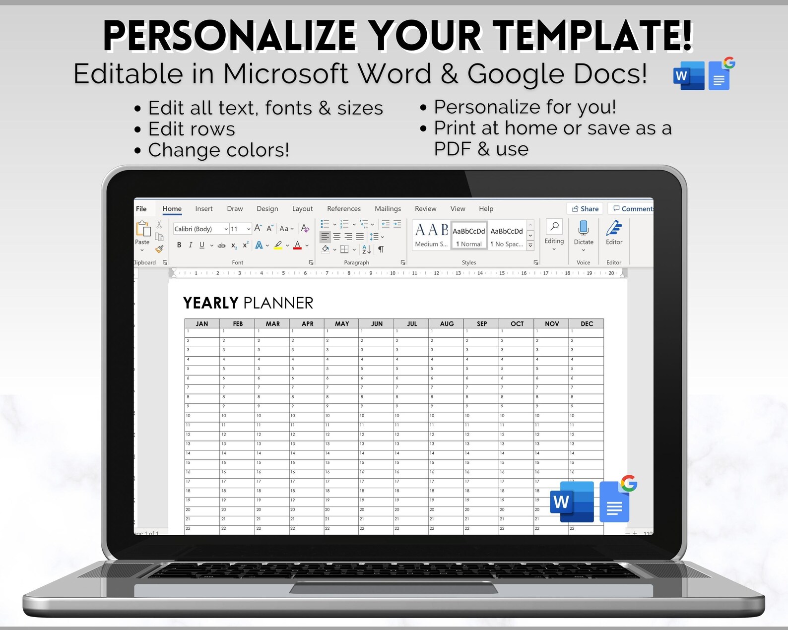 Perpetual Calendar, EDITABLE Yearly Overview, Undated Year at a Glance ...