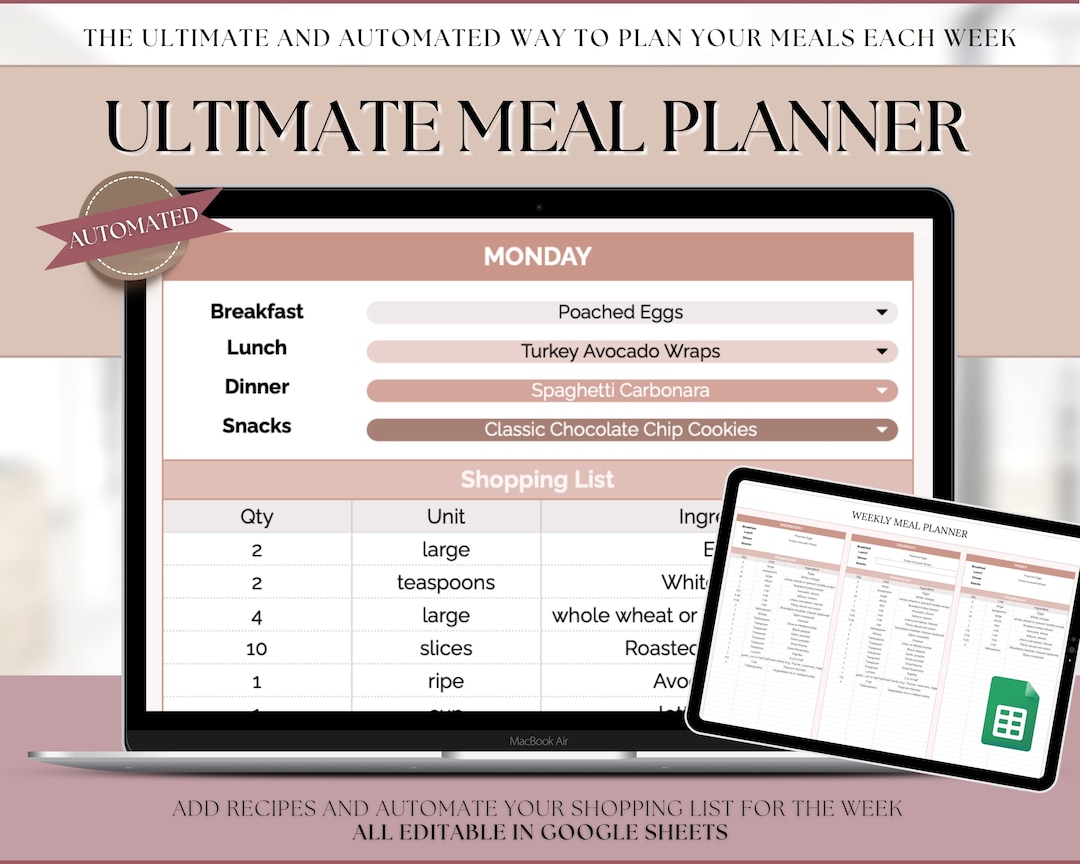 Ultimate Meal Planner Spreadsheet, Recipe Template, AUTOMATED Grocery ...