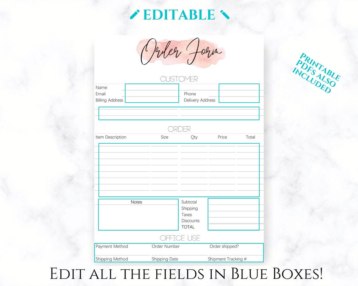 ORDER FORM Invoice Template EDITABLE Custom Receipt Template | Etsy