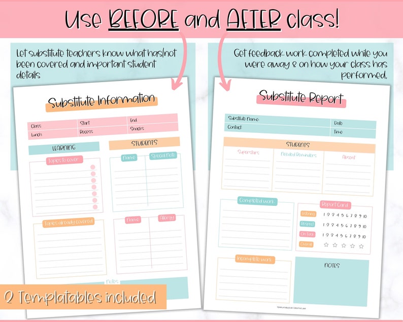 Substitute Teacher Note Printable Teacher Planner Template - Etsy