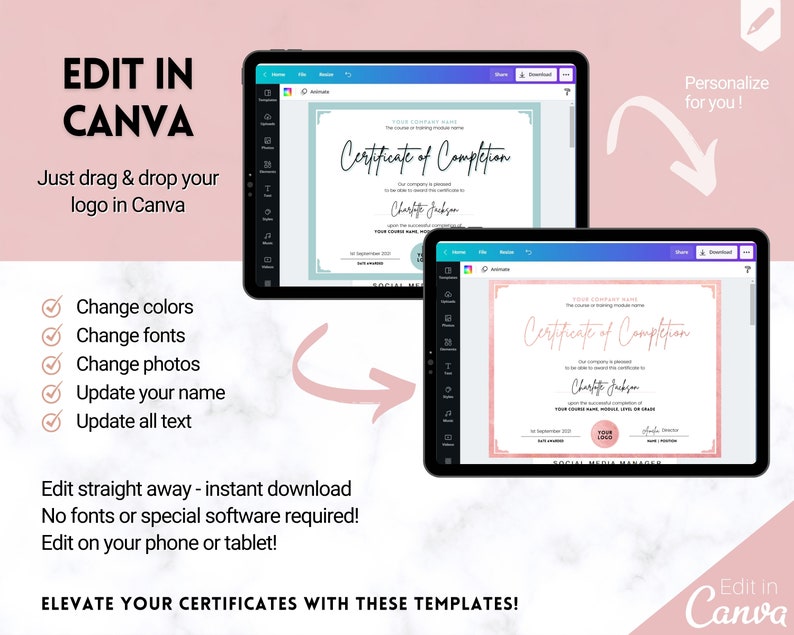 Certificate of Completion Template Editable Rose Gold | Etsy