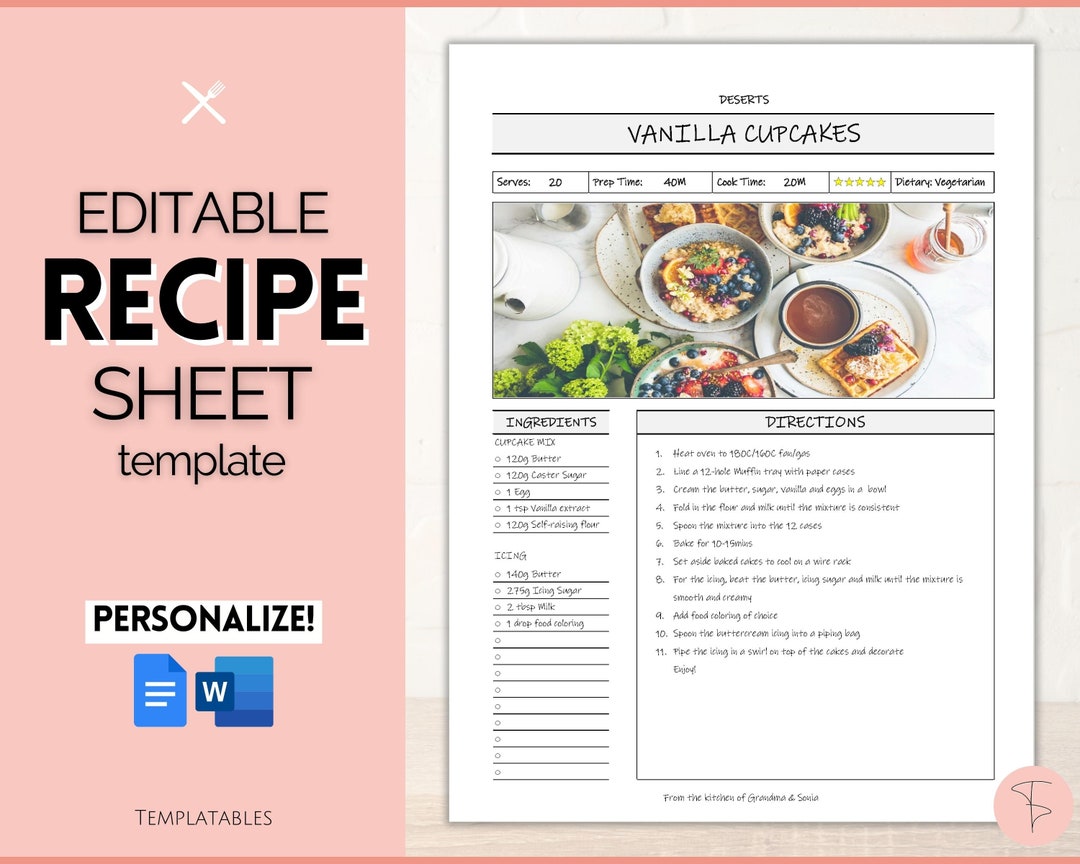 EDITABLE Recipe Sheet Template, Recipe Book Template, Recipe Cards ...
