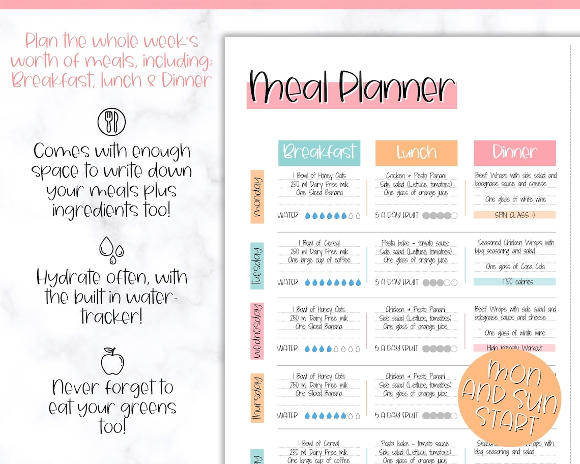 Colorful Meal Planner Printable Weekly Food Diary Meal - Etsy